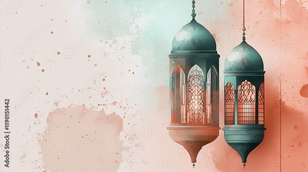 islamic watercolor ramadan lantern background with free space, emerald ...