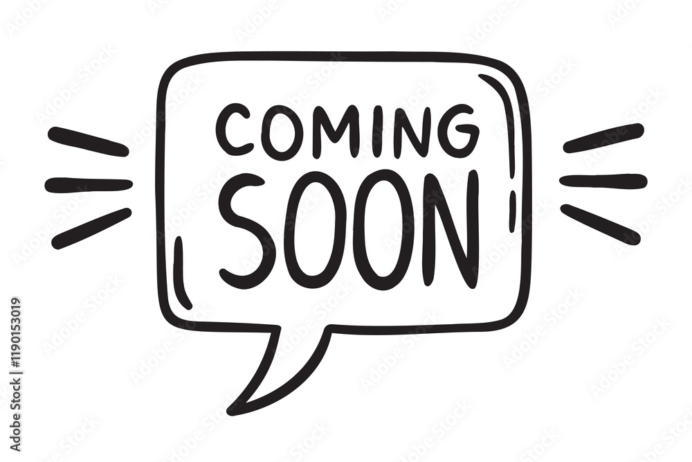 Coming Soon lettering text in speech bubble doodle hand drawn icon set ...