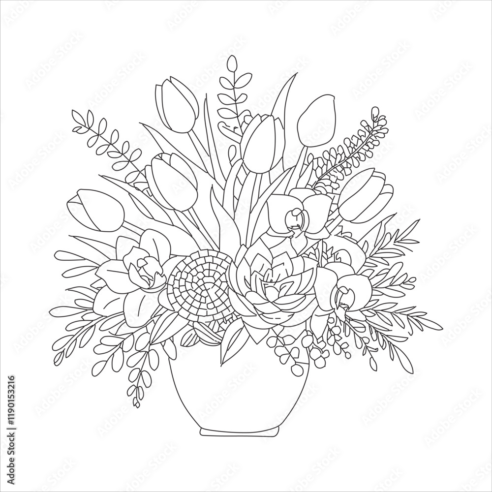 Bouquet of tulips,eucalyptus ,orchids, lilies and succulents.Anti ...