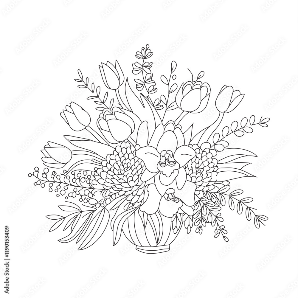 Bouquet of tulips,eucalyptus ,orchids, lilies and succulents.Anti ...