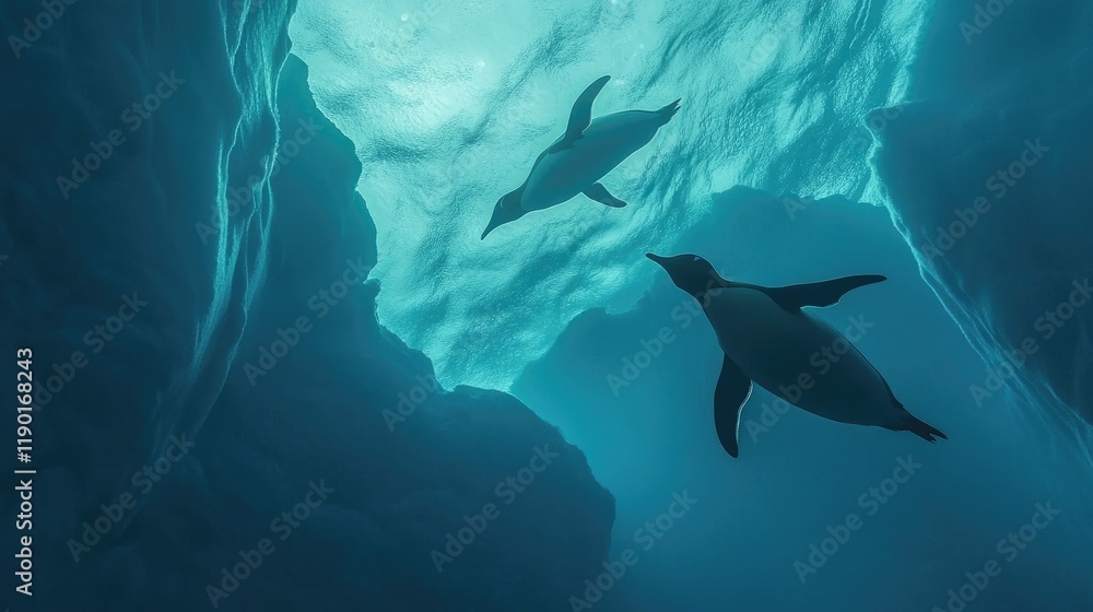 Underwater view of Emperor penguins swimming, showing their agile ...