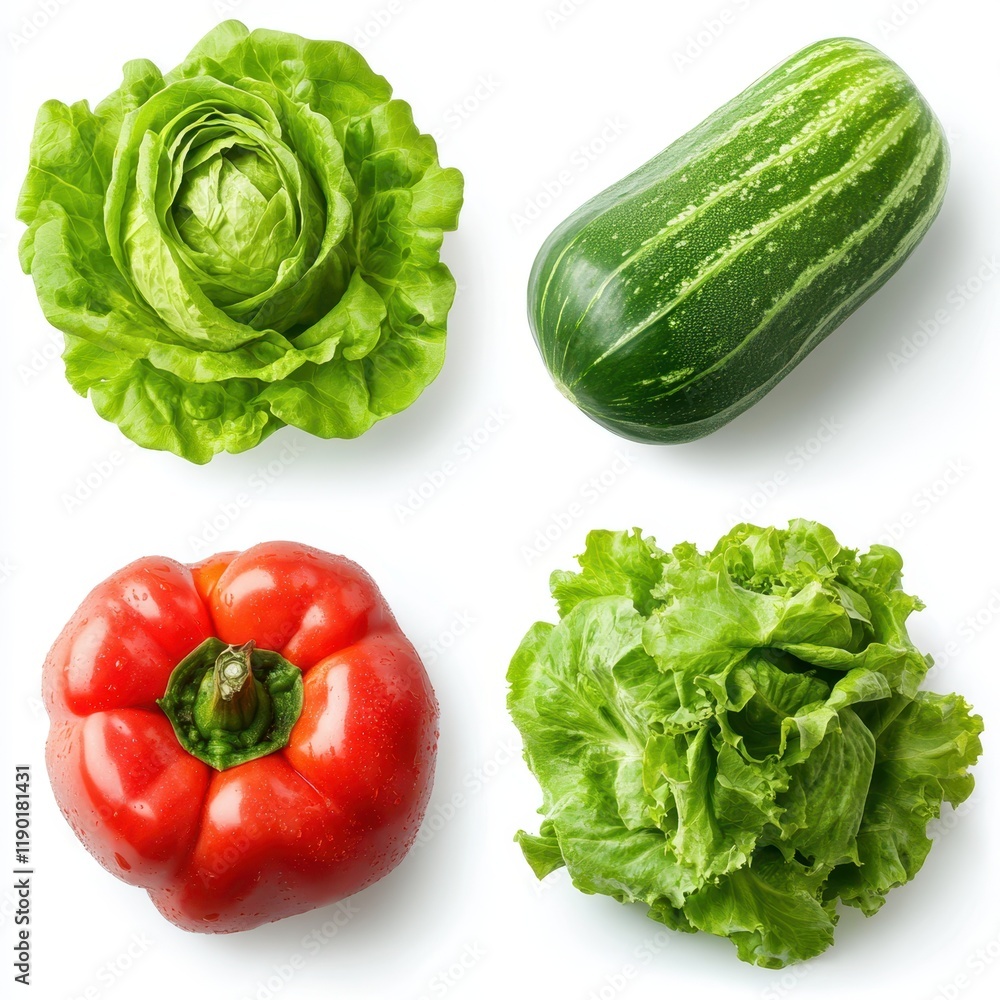 Four distinct vegetable types are displayed on a clean white surface ...