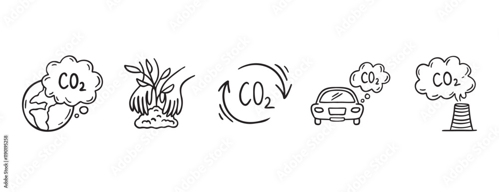 Carbon dioxide CO2 earth air pollution doodle hand drawn icon. Outline ...