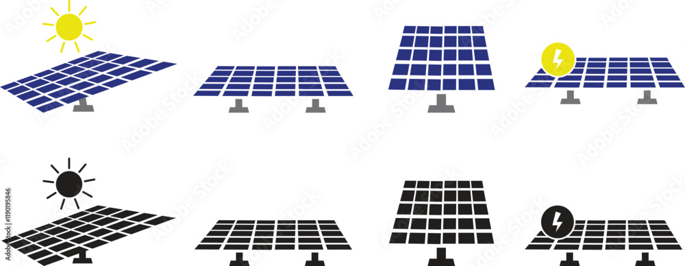 Solar system plates icon set. The main solar panel types flat and line ...
