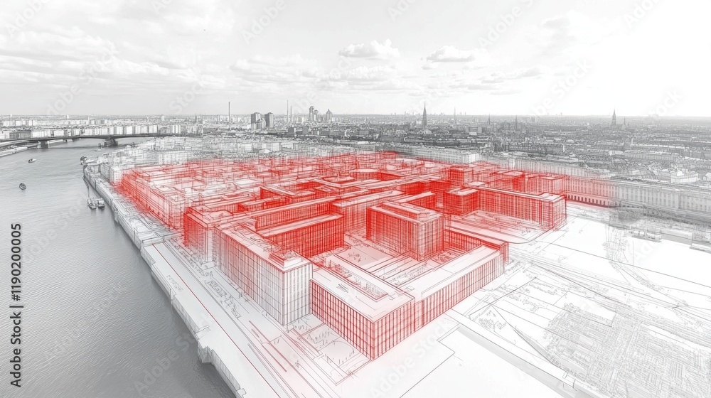 Architectural Sketch of Urban Development on Waterfront with Red Lines ...