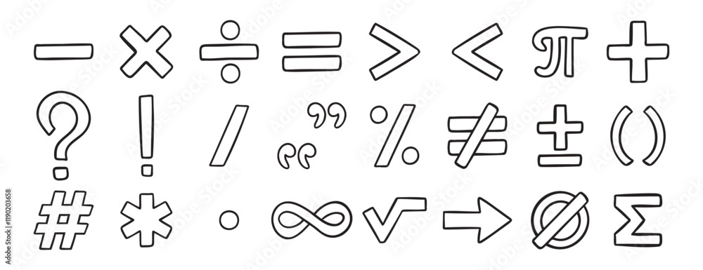 math symbols doodle hand drawn icon set. Outline drawing line clipart ...