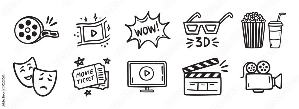 movie theater or cinema doodle hand drawn icon set. Outline drawing ...