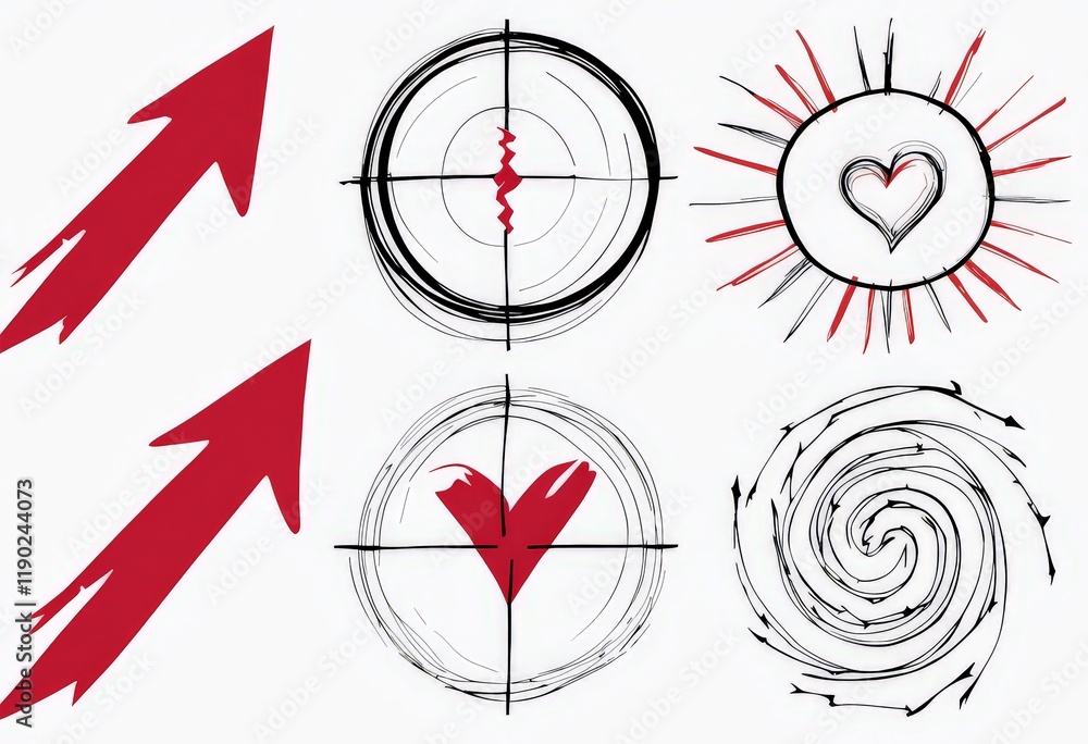 Design a hand-drawn set of symbols representing a red arrow pointing ...
