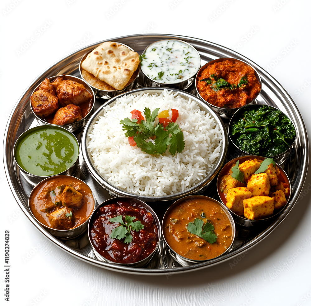 silver plate with an Indian thali meal, including rice and several ...
