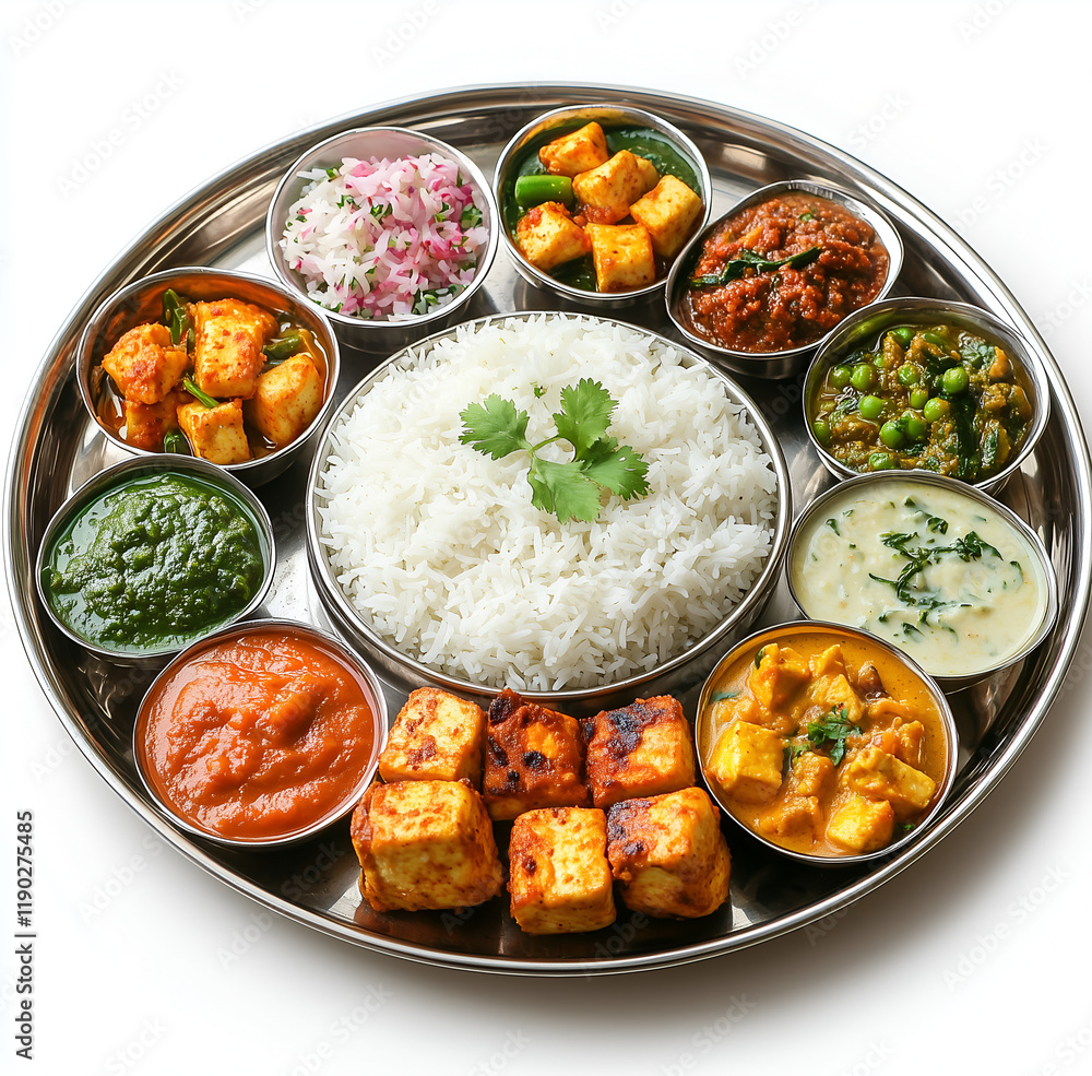 silver plate with an Indian thali meal, including rice and several ...