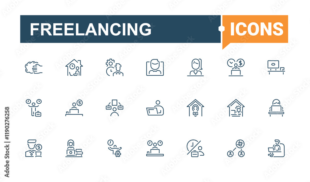 Freelancing linear icon collection. Contains related to workplace ...