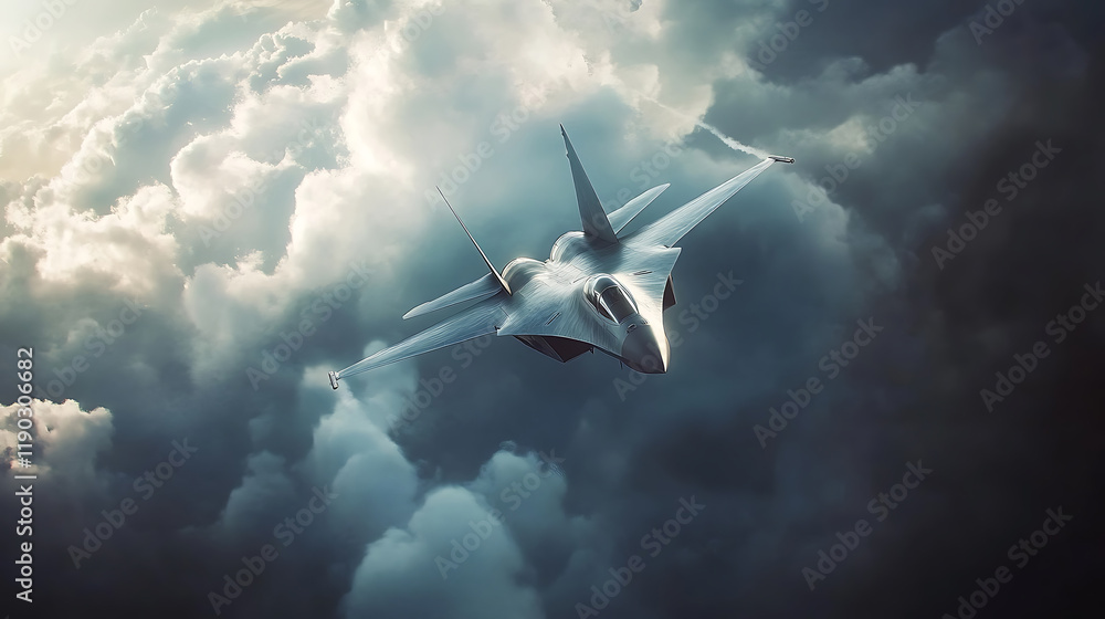 Futuristic sleek tail-less fighter jet soaring through the sky with ...