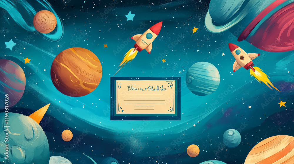 Ilustración de Stock Cartoon kids diploma with space rockets flying between planets in galaxy ...