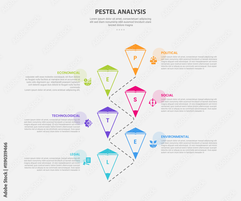 PESTEL analysis infographic outline style with 6 point template with ...