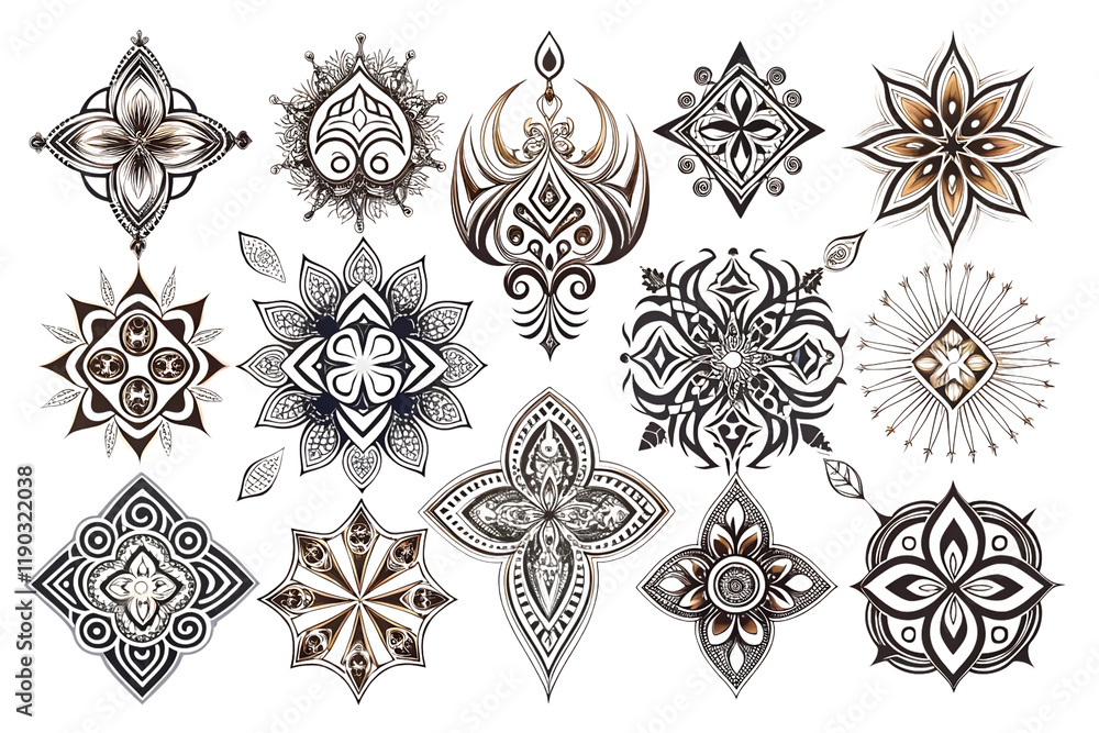 Collection of intricate designs and patterns. On transparent background ...
