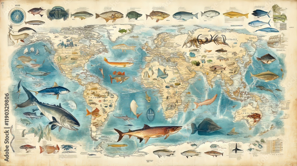 Ilustración de Stock Fishing place vector infographics. World map of ...
