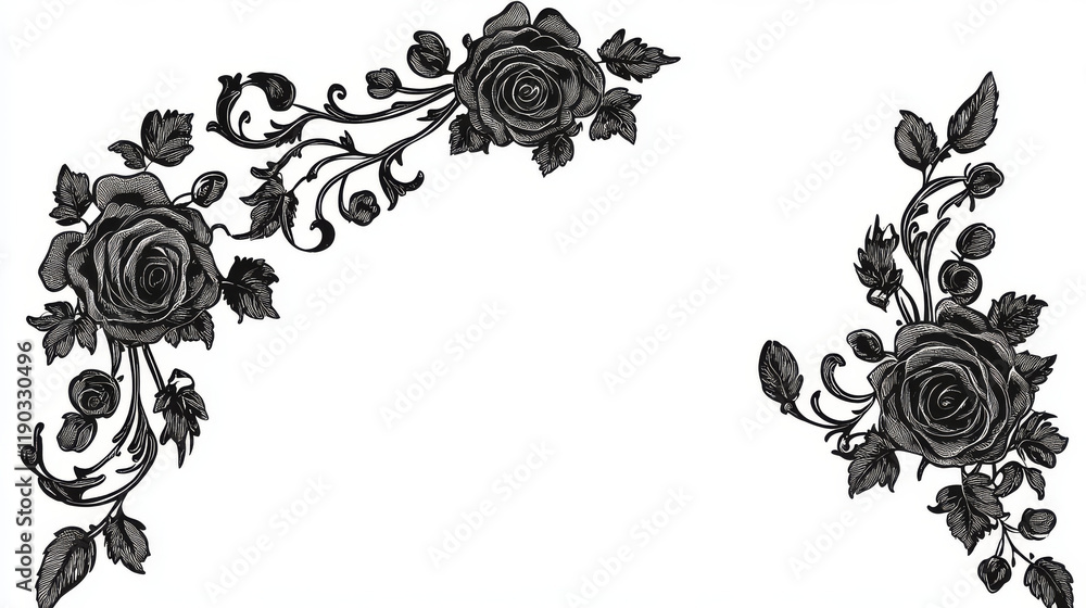 Black rose corners and borders, vintage dividers with scroll and flower ...