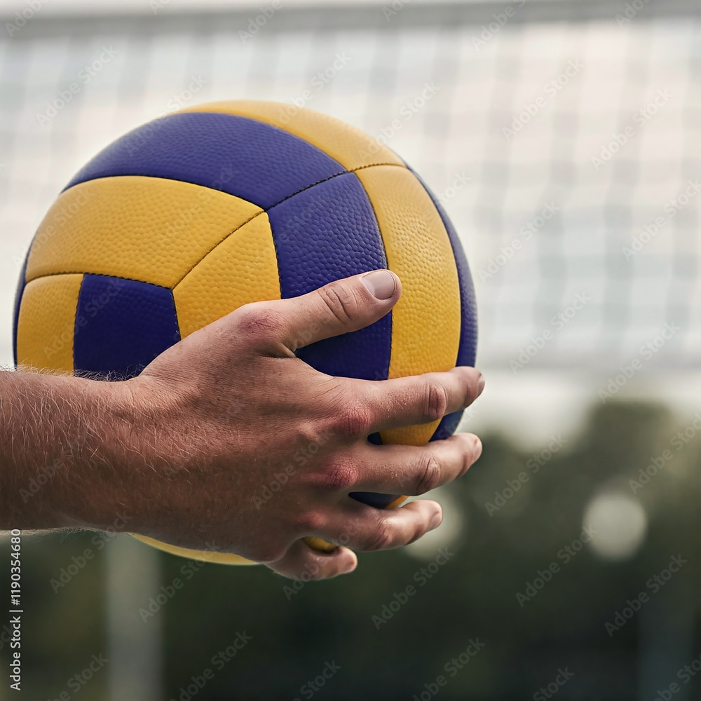 Volleyball player's hands holding the volleyball on an outdoor ...