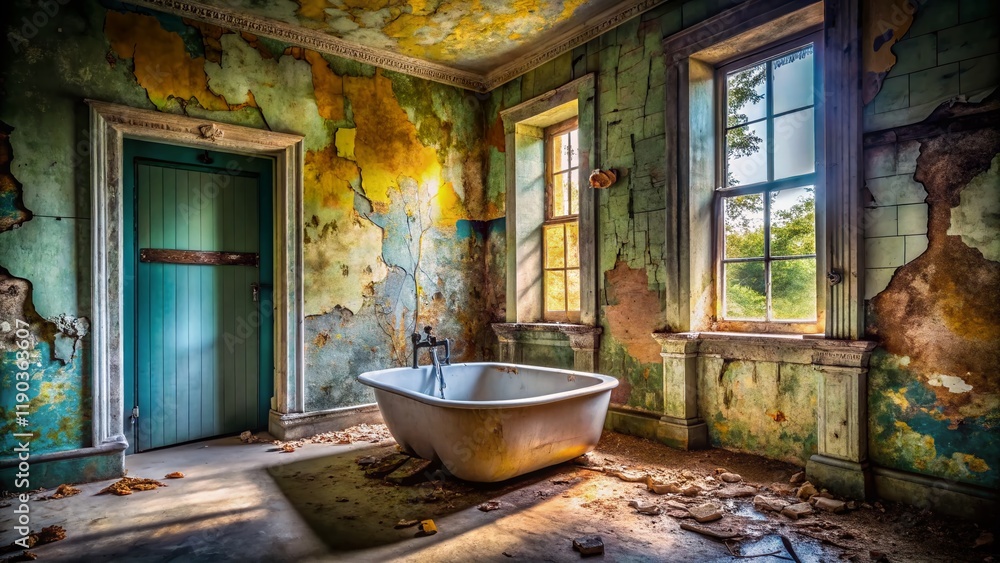 Abandoned Bathroom Decay: Crumbling Walls, Overgrown Tub, Rule of ...