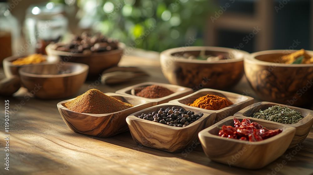 Colorful spices in wooden bowls on a rustic kitchen table, traditional ...
