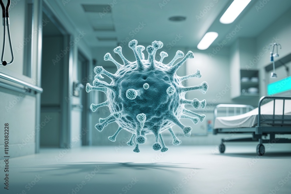 HMPV molecular closeup in 3d rendering with hospital setting for ...