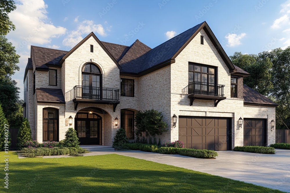 Realistic 3d render of a modern two story house with landscaping ...