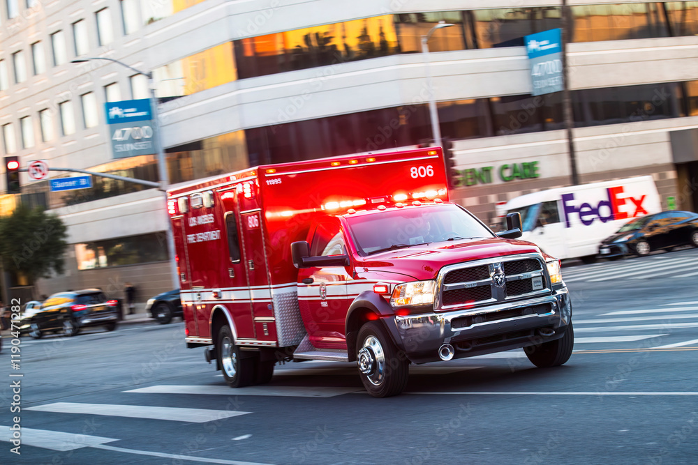 Red Los Angeles Fire Department ambulance speeding through an ...