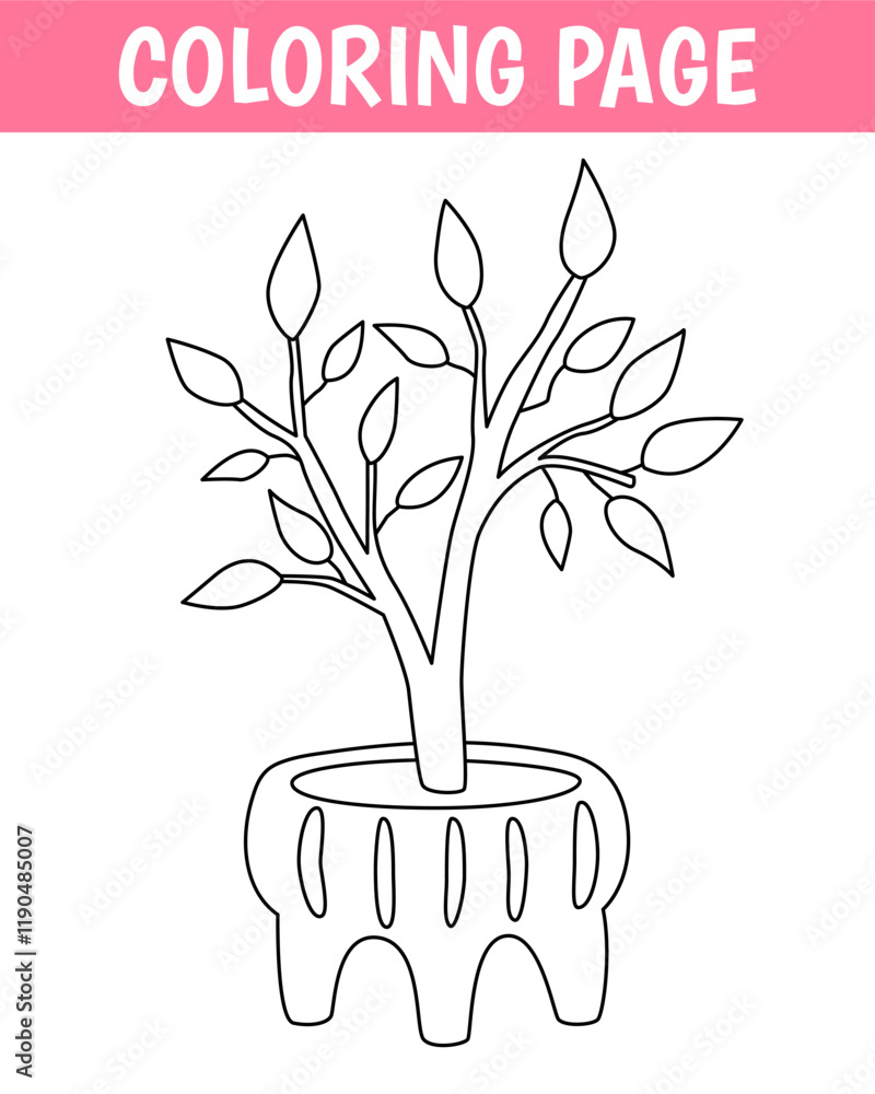 Cozy coloring page, cute print with line plant in pot. Printable ...