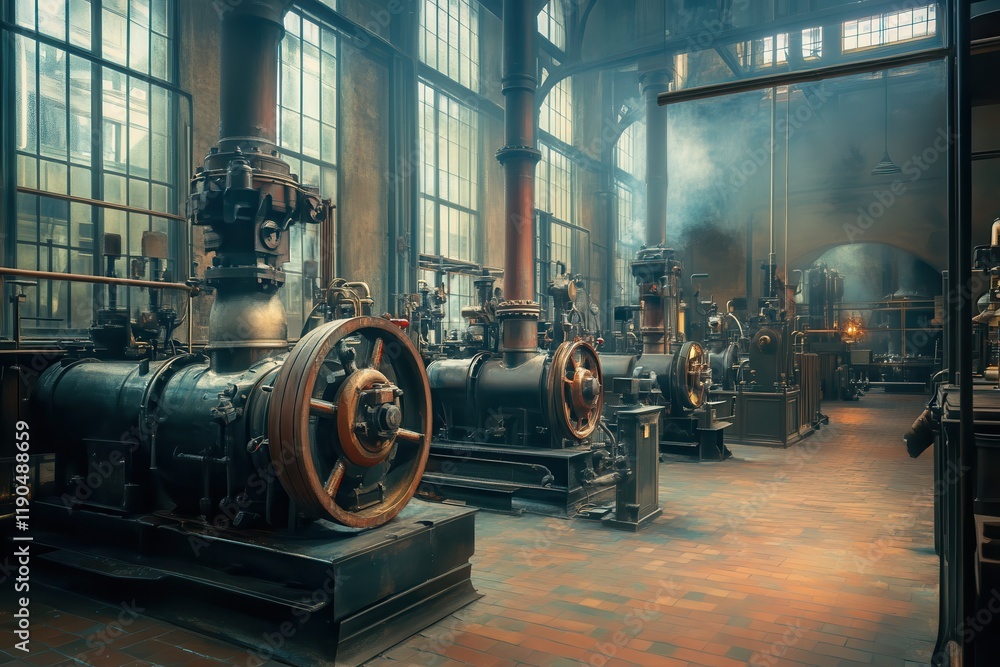 Steam engines operating in a factory during the Industrial Revolution ...