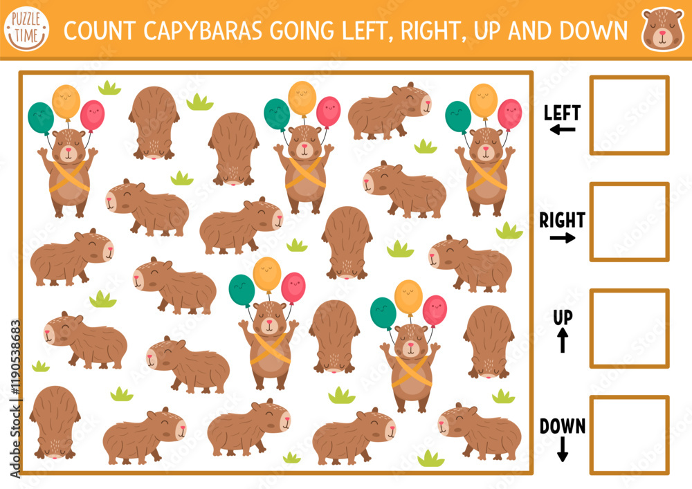 Capybara logic game with right, left, up, down concept for kids. I spy ...