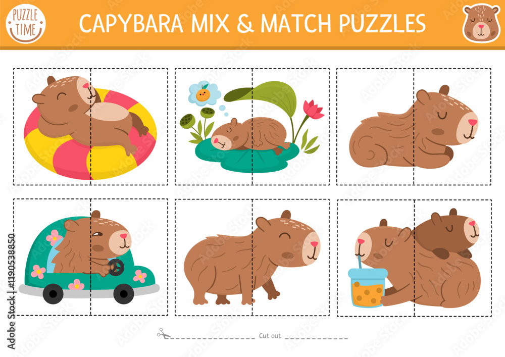 Vector capybara mix and match puzzle. Matching capibara activity for ...