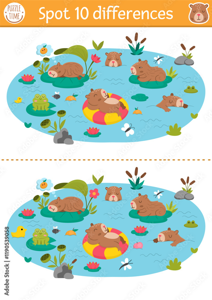 Find differences game for children. Capybara educational activity with ...