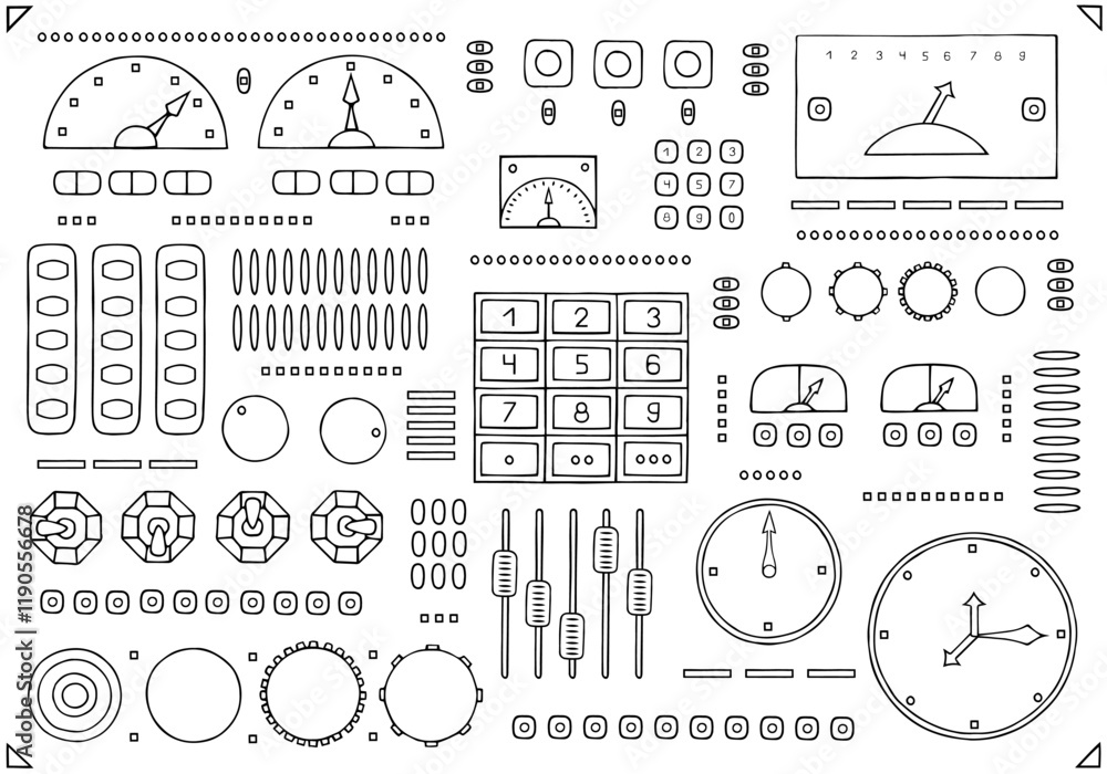 Panel with various buttons, levers, displays, monometers, sliders ...