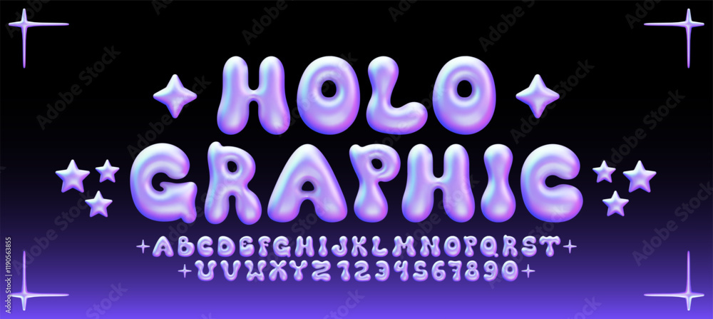 Glossy holographic bubble font. Inflated Iridescent alphabet, 3D holo ballon letters and numbers ...