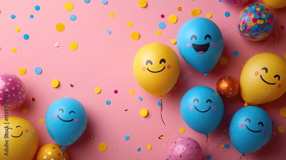 Bright birthday background with smiling emojis and party poppers ...