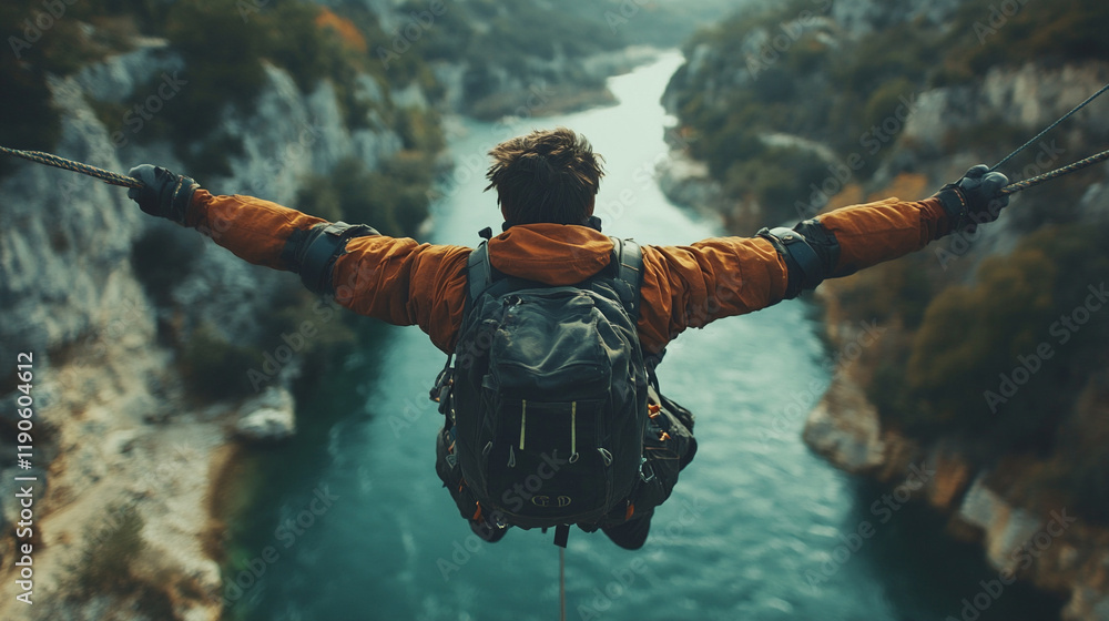 Bungee Jumper Experiences Thrill of Free Fall High Above Stunning River ...
