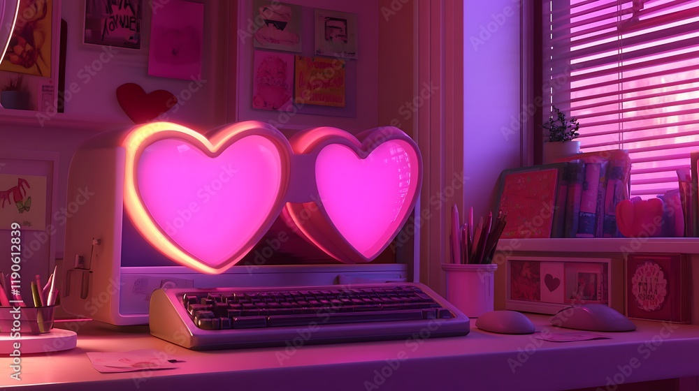 Heart-Shaped Computer: A Retro Pink Aesthetic Desktop Stock Photo ...