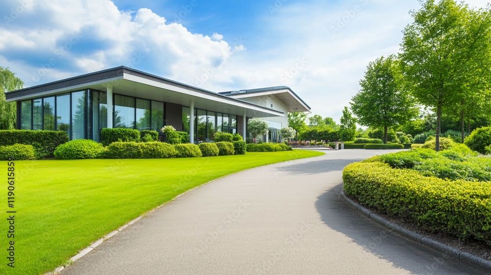 Senior care facility exterior with well-maintained garden and welcoming ...