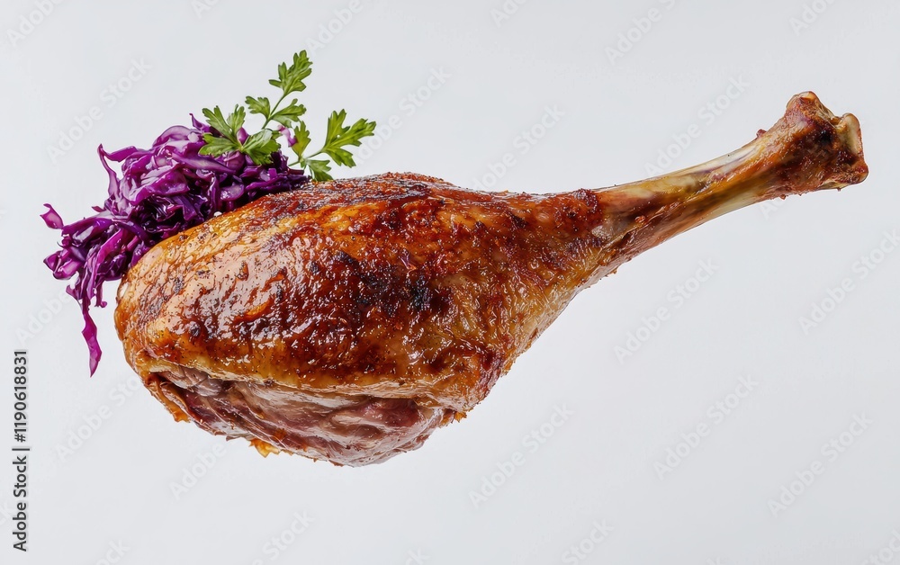 A roasted goose leg with crispy skin and red cabbage garnish floating ...