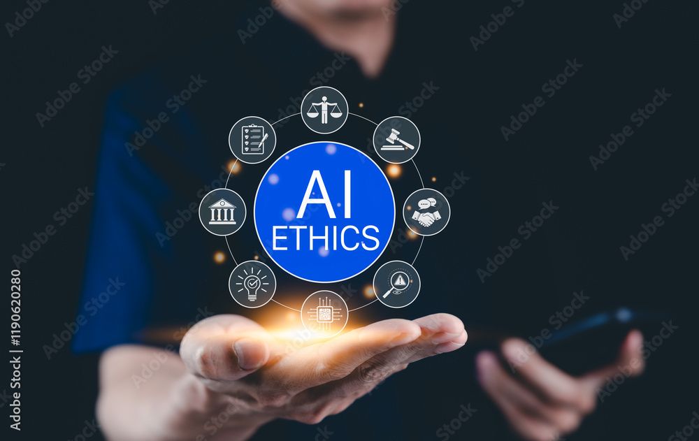 AI ethics and law in artificial intelligence governance. Icons related ...