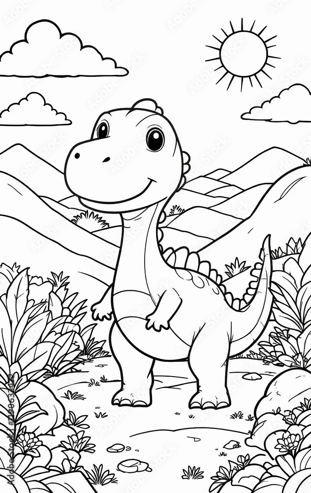 cute dinosaur in nature coloring page for children. you can print it on ...