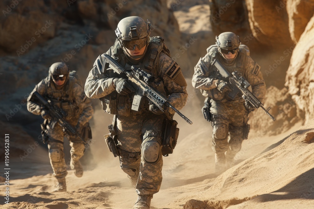Soldiers conduct patrol operations in desert terrain while fully ...