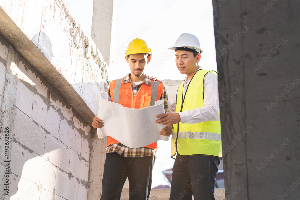 Builder team, foreman asian young engineer, architect man, male are ...