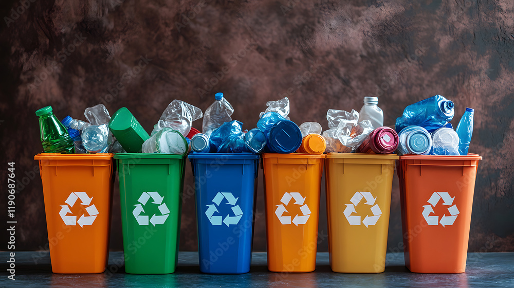 Colorful recycling bins filled with plastic waste. Environment ...