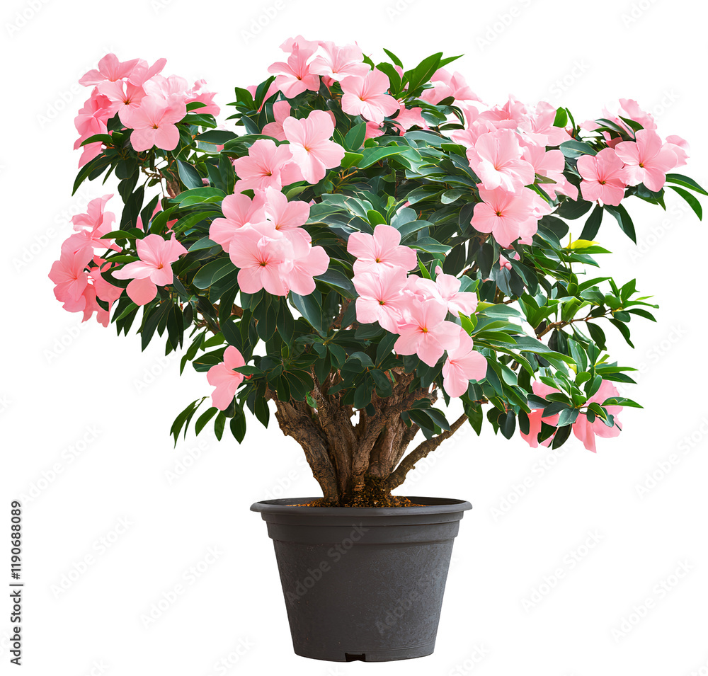 Nerium oleander, pink flowers in full bloom, green leaves on the trunk ...