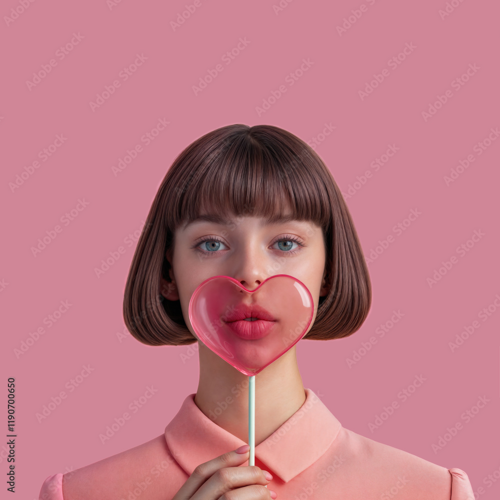Young retro woman with bob hairstyle, holding transparent, heart shaped ...