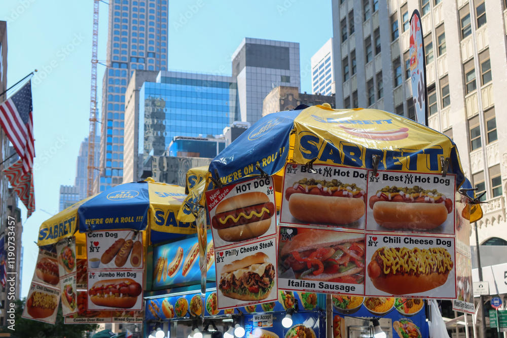 Sabrett Hot Dogs Cart Umbrella in Manhattan, New York, USA. August 24 ...
