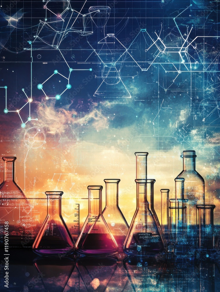 A chemistry-themed background featuring molecular structures, chemical ...