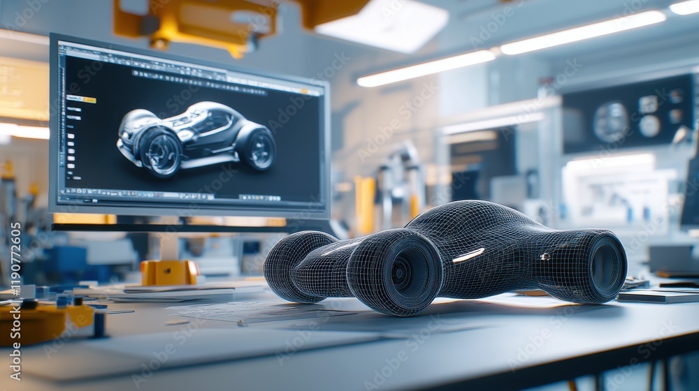 Engineering team designing a new project with 3D models and prototypes ...