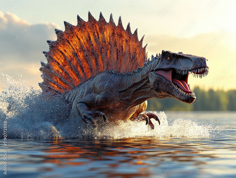 Spinosaurus running through water, sunset, prehistoric lake Stock ...